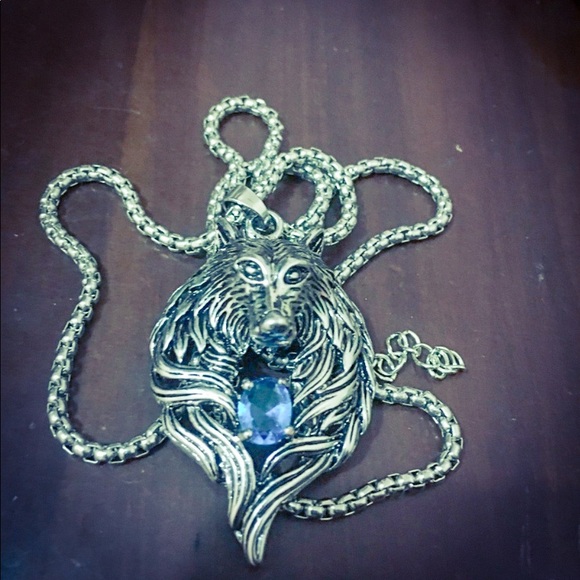 Vintage | Jewelry | Vtg Stainless Steel Blue Sapphire Wolf Necklace ...